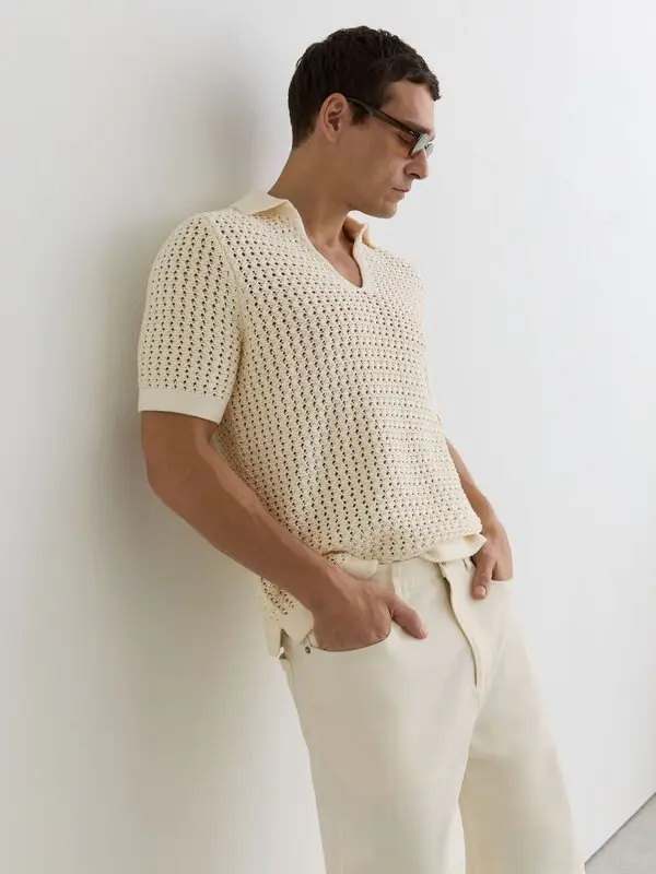 REISS Bronwyn Crochet Open-collar Polo Shirt - White