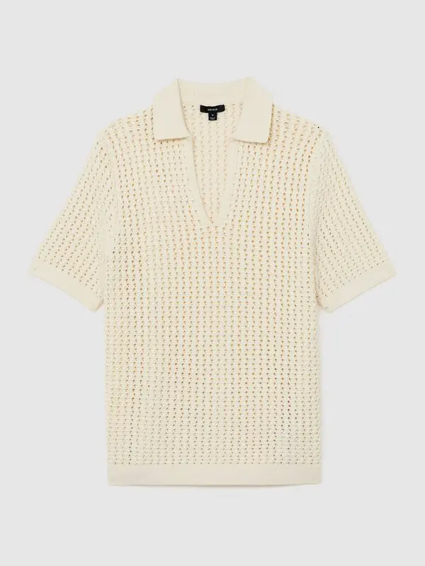REISS Bronwyn Crochet Open-collar Polo Shirt - White