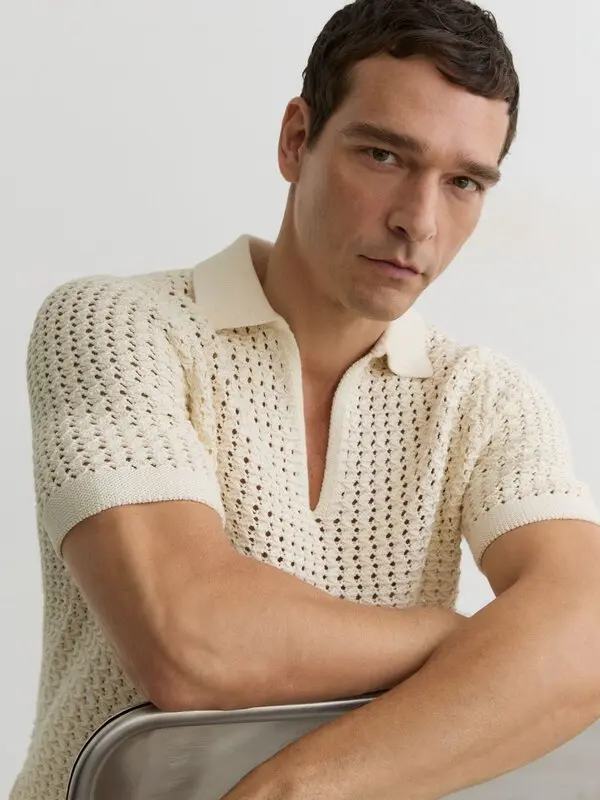 REISS Bronwyn Crochet Open-collar Polo Shirt - White