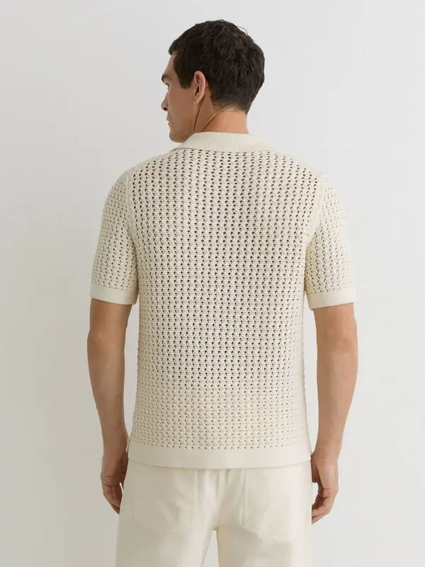 REISS Bronwyn Crochet Open-collar Polo Shirt - White