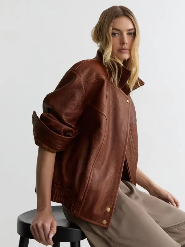 REISS Textured Leather Oversized Jacket - Chestnut Brown