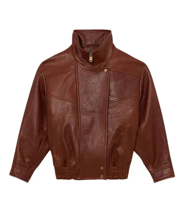 REISS Textured Leather Oversized Jacket - Chestnut Brown