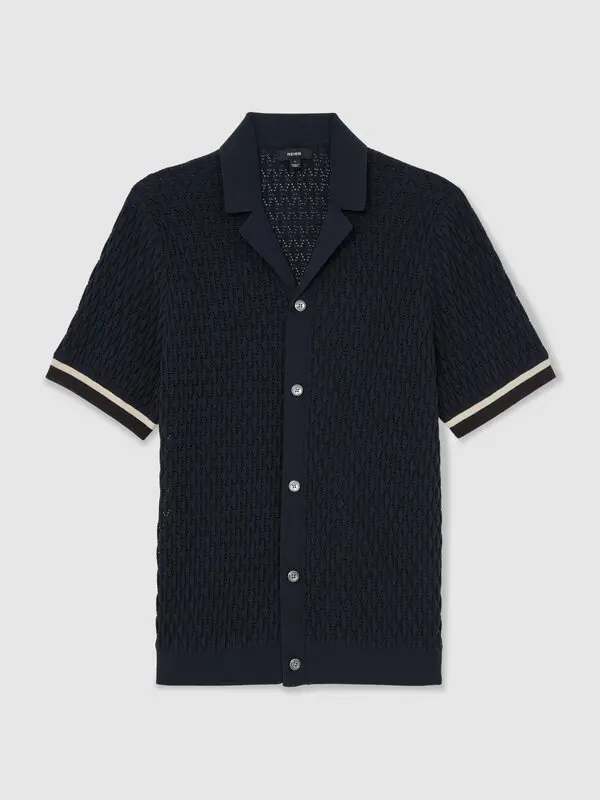 REISS Bilsby Cotton-blend Geometric-knit Tipped Shirt - Navy