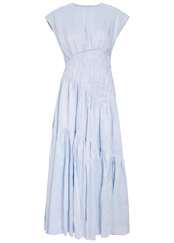 Aje Ecliptica Shirred Linen-blend Midi Dress - Blue