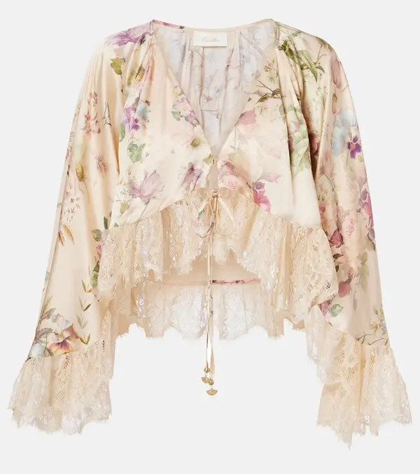 Camilla Lace-trimmed Floral Silk Crop Top - Multicoloured