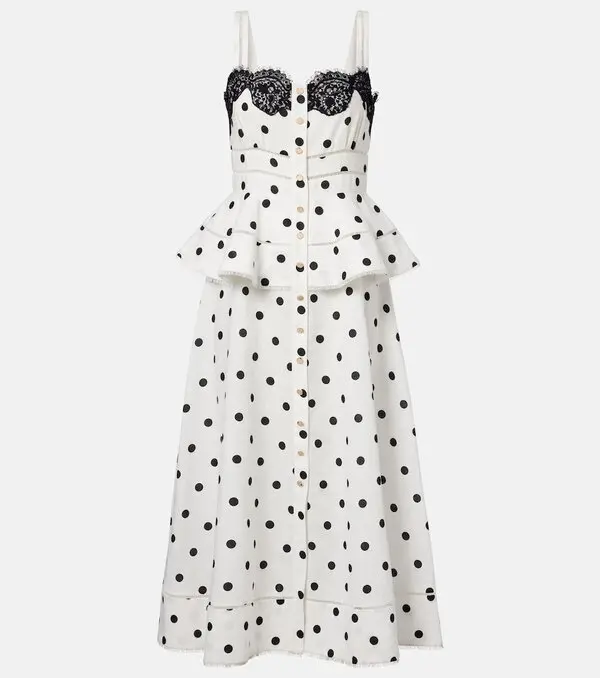 SELF-PORTRAIT Polka-dot Linen And Cotton Midi Dress - White