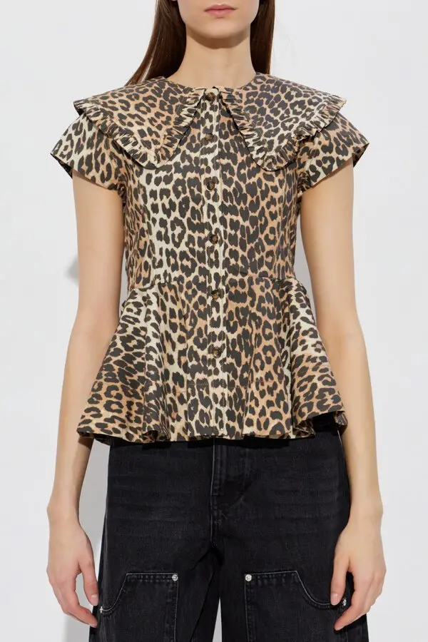GANNI Animal Print Peplum Shirt - Beige