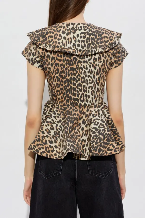GANNI Animal Print Peplum Shirt - Beige