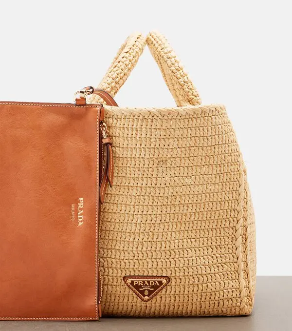 Prada Large Crochet Raffia Shopper Bag - Beige