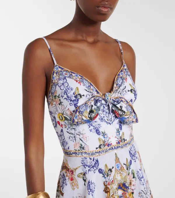 Camilla Embellished Printed Linen Midi Dress - White