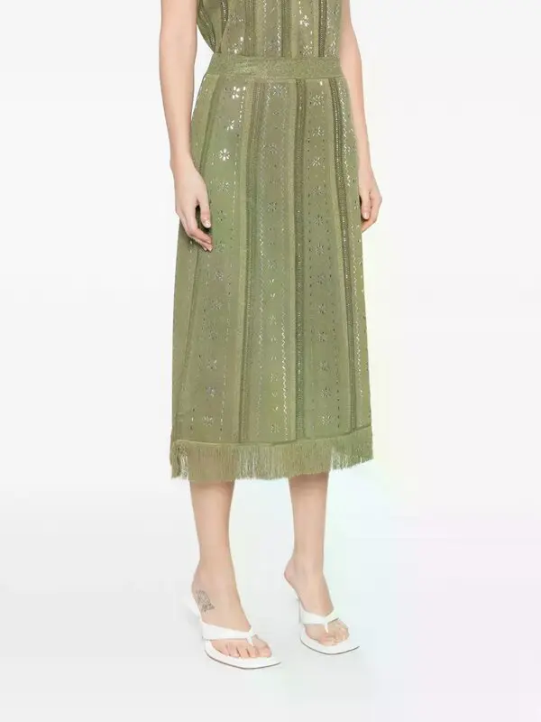 Maje Fringed Floral Midi Skirt - Green