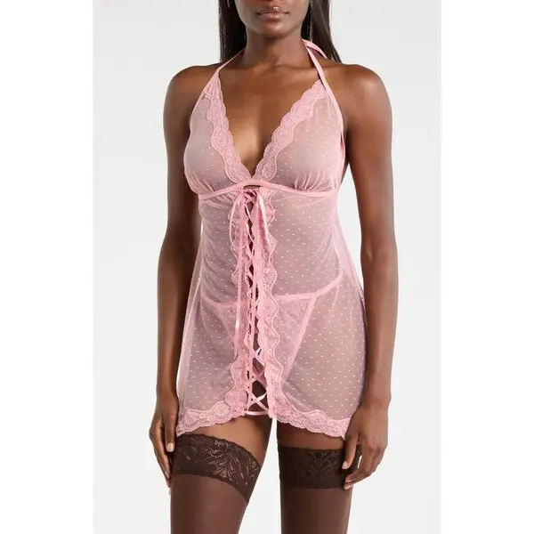DREAMGIRL Swiss Dot Mesh Basque & G-string Set - Petal Pink