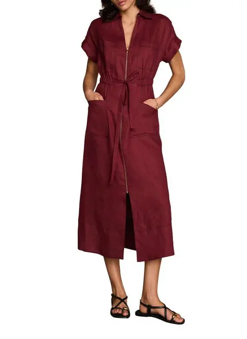 Mint Velvet Linen Utility Midi Shirt Dress - Burgundy