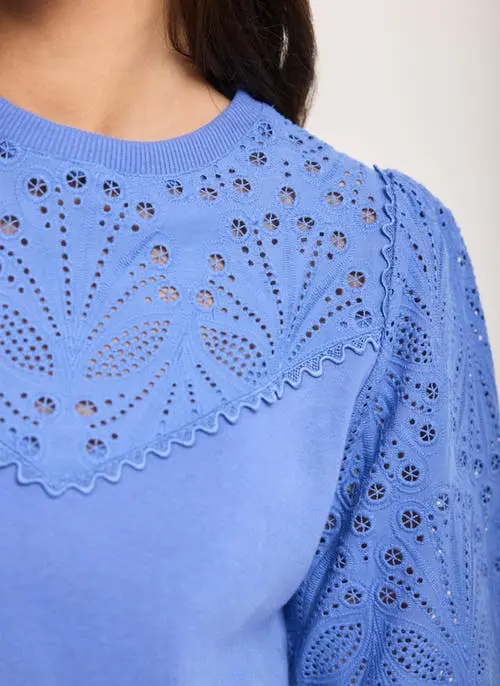 Mint Velvet Cotton Blend Broderie Sweatshirt - Blue