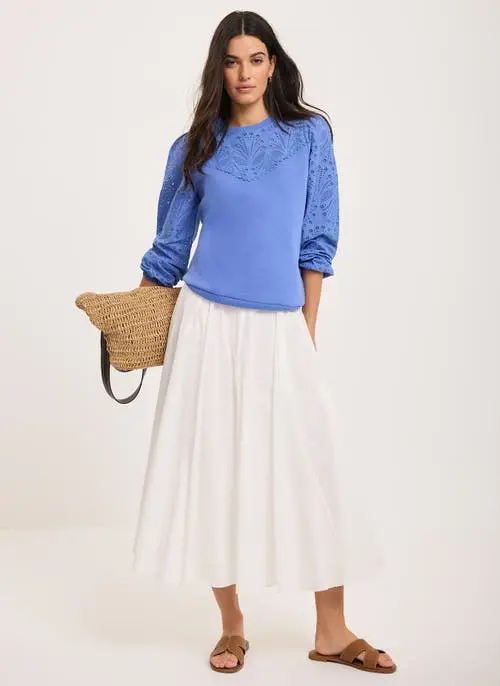 Mint Velvet Cotton Blend Broderie Sweatshirt - Blue