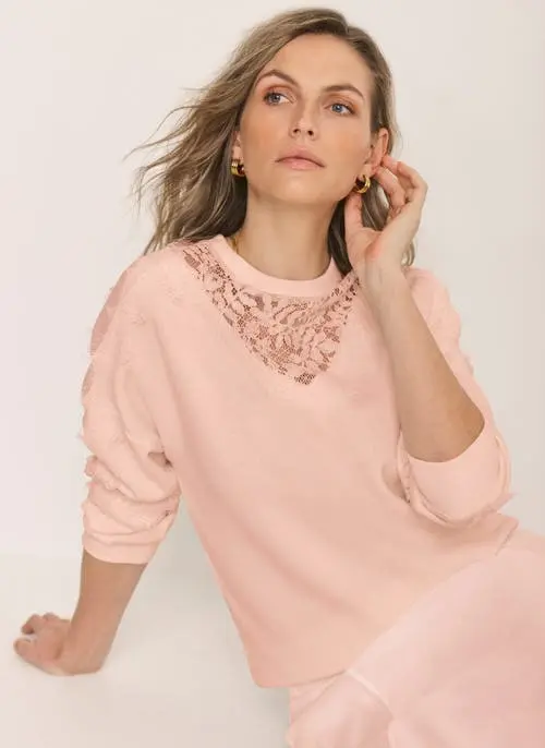 Mint Velvet Lace Detail Crew Neck Sweatshirt - Light Pink