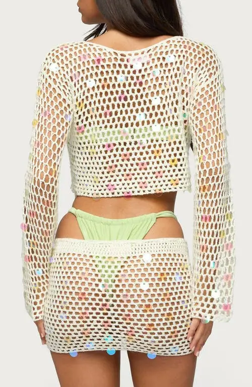 EDIKTED Kirah Open Stitch Paillette Cover-up Crop Top