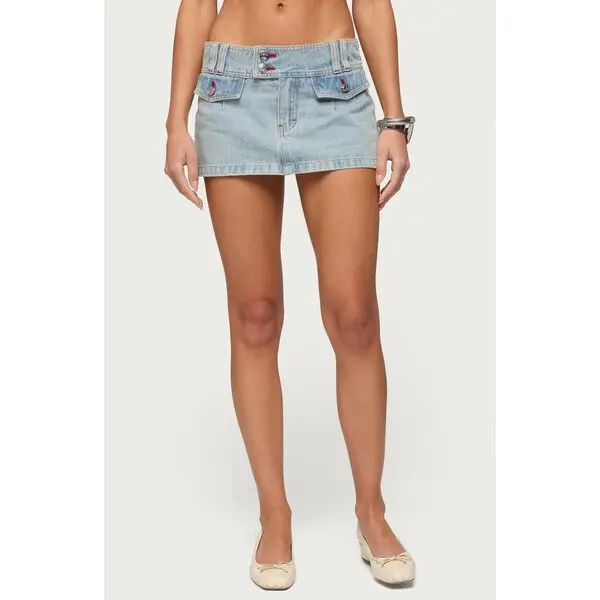 EDIKTED Rae Low Rise Denim Skort - Light-blue