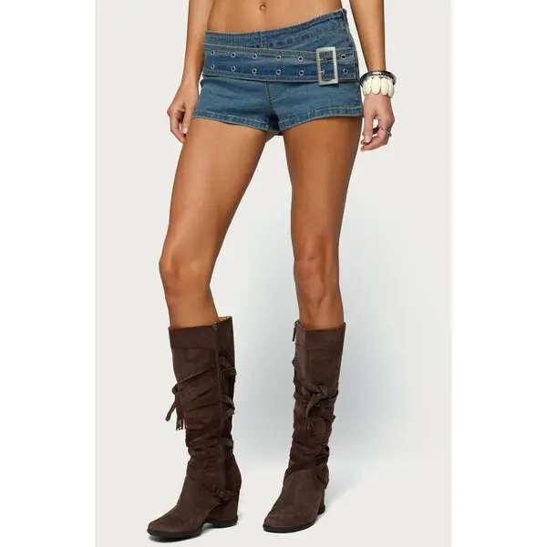 EDIKTED Asymmetric Belted Low Rise Denim Micro Shorts