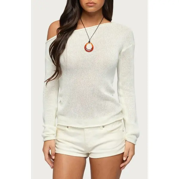 EDIKTED One-shoulder Open Stitch Sweater - Cream
