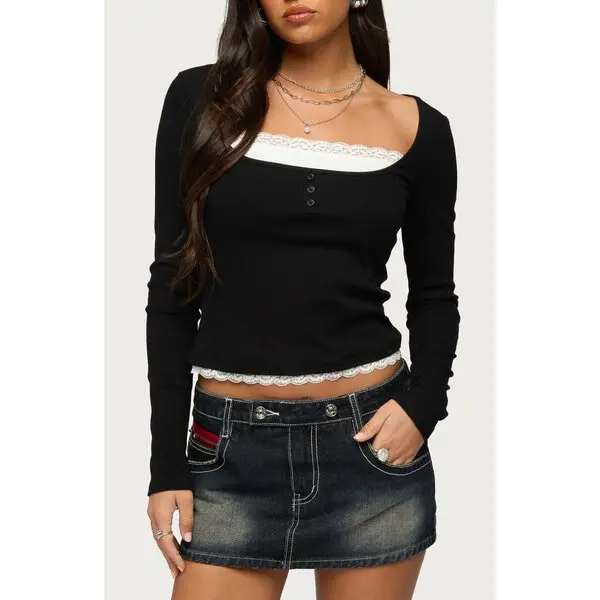 EDIKTED Joana Layered Henley Top - Black