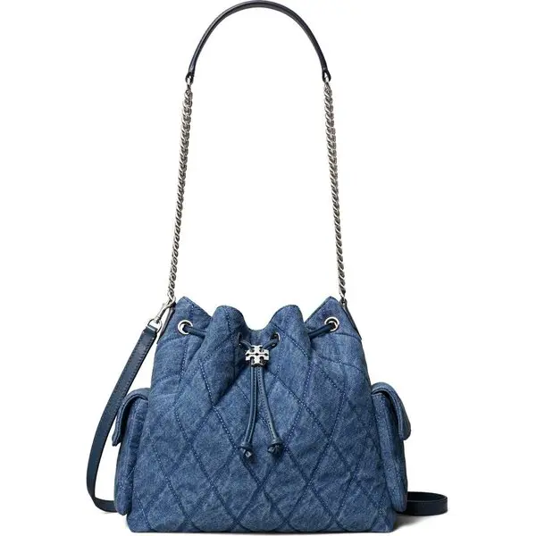 Tory Burch Charlie Quilted Denim Drawstring Shoulder Bag