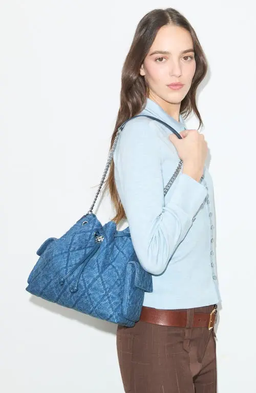 Tory Burch Charlie Quilted Denim Drawstring Shoulder Bag