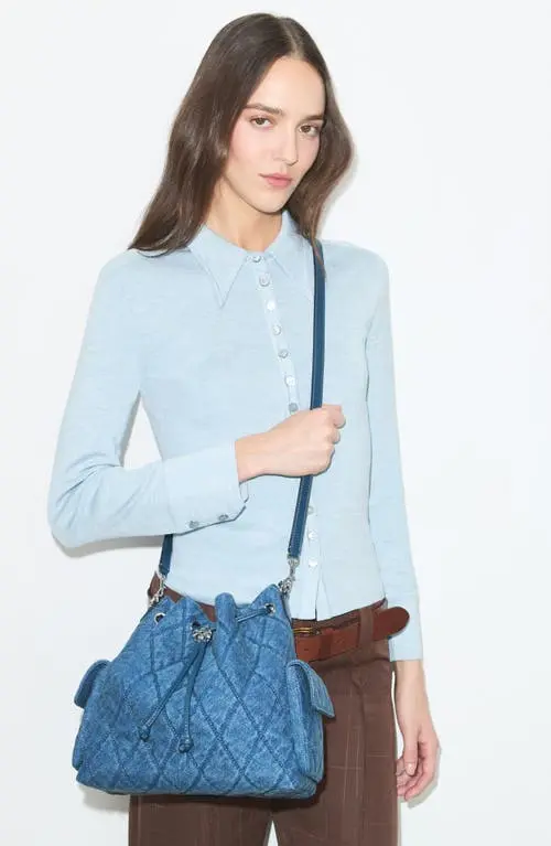 Tory Burch Charlie Quilted Denim Drawstring Shoulder Bag