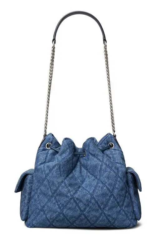 Tory Burch Charlie Quilted Denim Drawstring Shoulder Bag