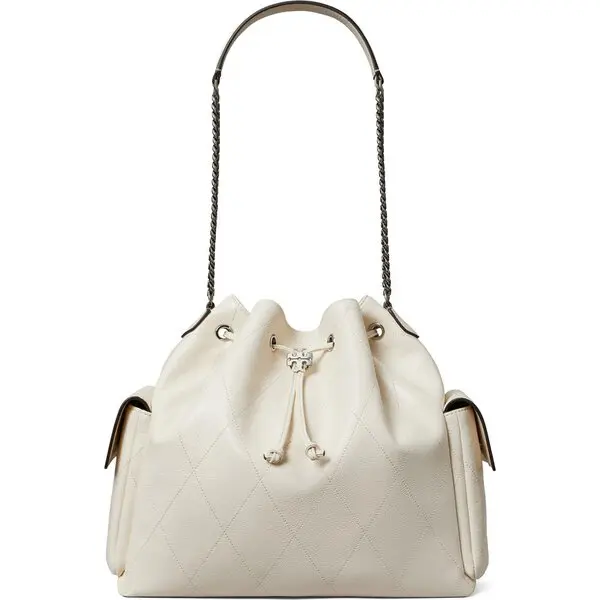 Tory Burch Large Charlie Quilted Leather Drawstring Shoulder Bag - Light Cream