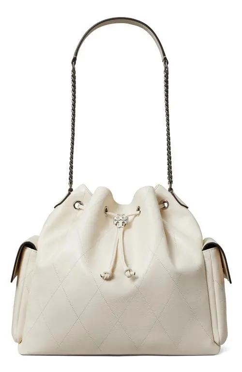 Tory Burch Large Charlie Quilted Leather Drawstring Shoulder Bag - Light Cream