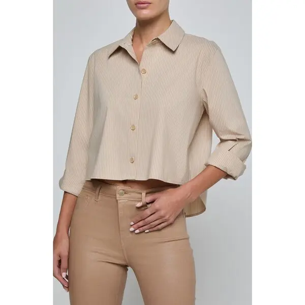 L'Agence Cosette Crop High-low Shirt - Macadamia/lt Brown Stripe