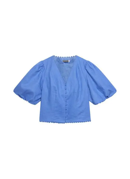 Mint Velvet Linen Puff Sleeve Top - Blue