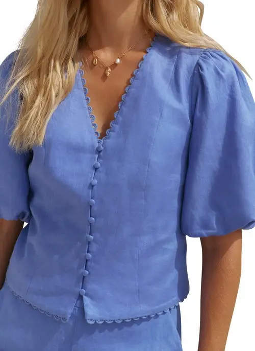 Mint Velvet Linen Puff Sleeve Blouse - Blue