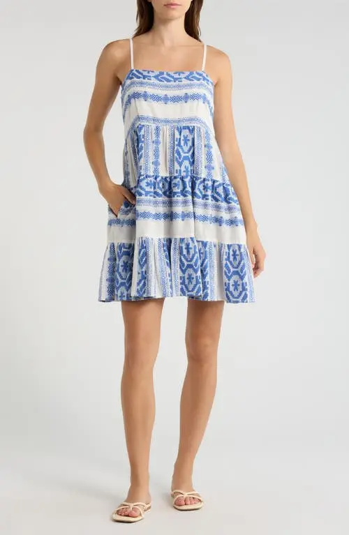 Elan Embroidered Tiered Cotton Cover-up Sundress - Natural Blue