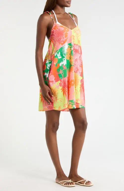 Sanctuary Tropical Floral Print Crinkle Cotton Cover-up Dress - Green/pink Multi