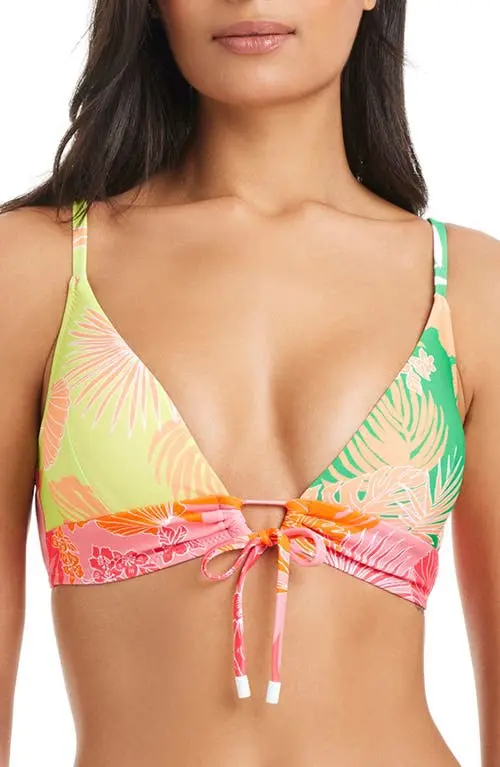 Sanctuary Tie Front Triangle Bikini Top - Green/pink Multi