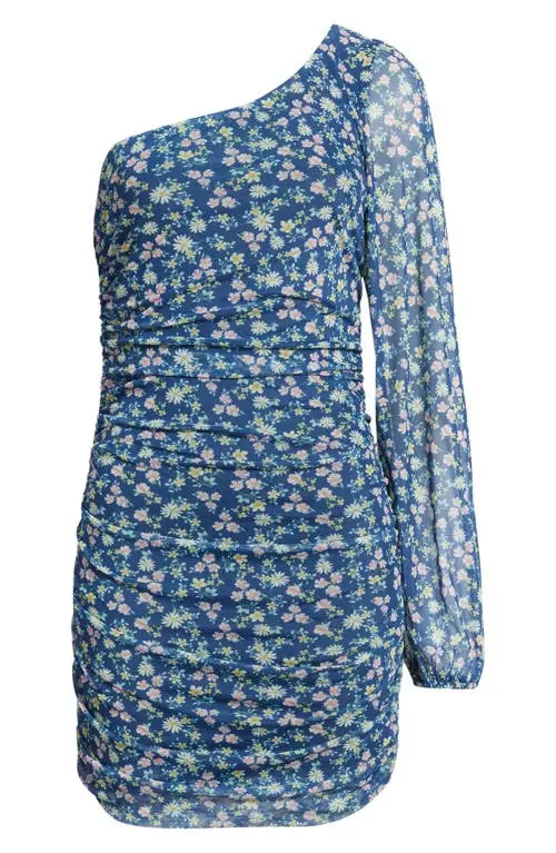 JUMP APPAREL Print Mesh Shirred One-shoulder Mini Dress