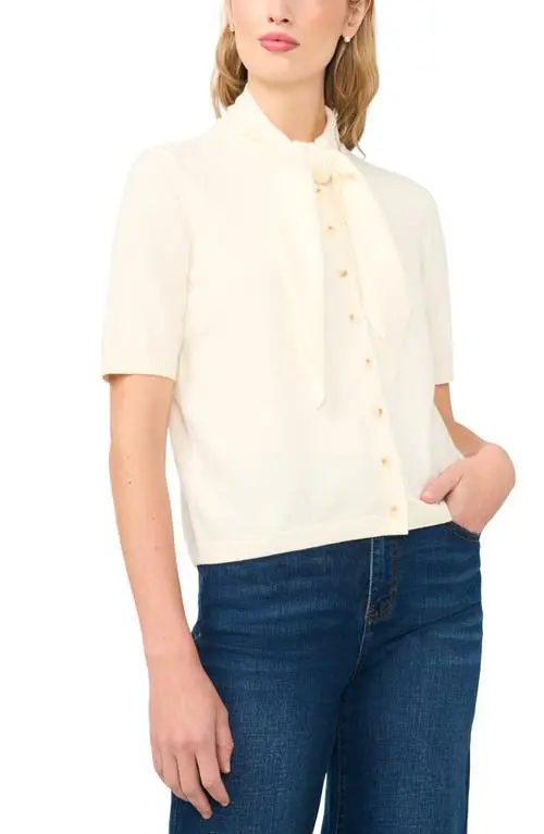 CECE DUPRAZ Tie Neck Short Sleeve Cardigan - Buttercream