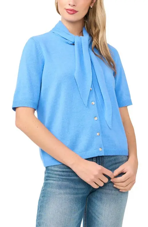 CECE DUPRAZ Tie Neck Short Sleeve Cardigan - Ocean Frost