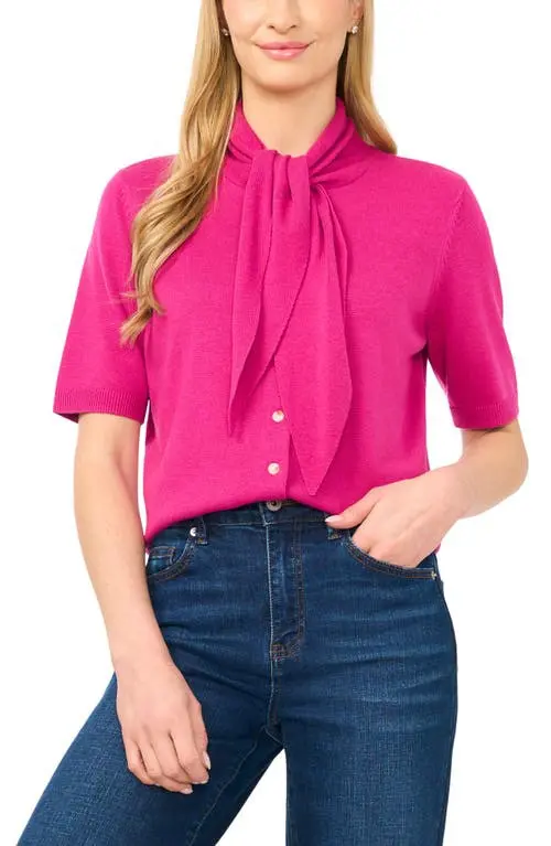 CECE DUPRAZ Tie Neck Short Sleeve Cardigan - Peony Punch