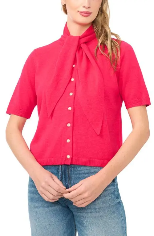 CECE DUPRAZ Tie Neck Short Sleeve Cardigan - Watermelon Crush