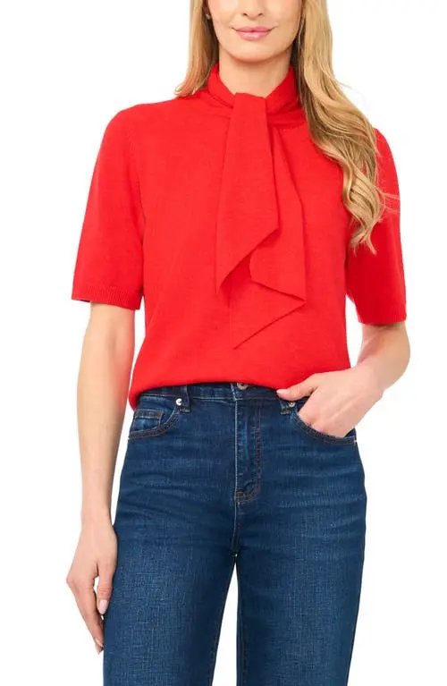 CECE DUPRAZ Tie Neck Short Sleeve Sweater - Bright Red
