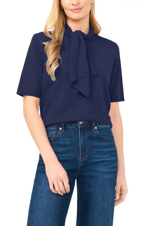 CECE DUPRAZ Tie Neck Short Sleeve Sweater - Classic Navy