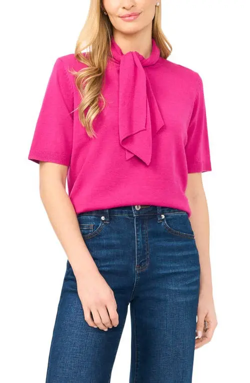 CECE DUPRAZ Tie Neck Short Sleeve Sweater - Peony Punch