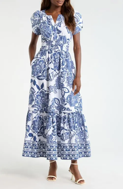 CECE DUPRAZ Floral Smocked Waist Maxi Dress - Classic Navy