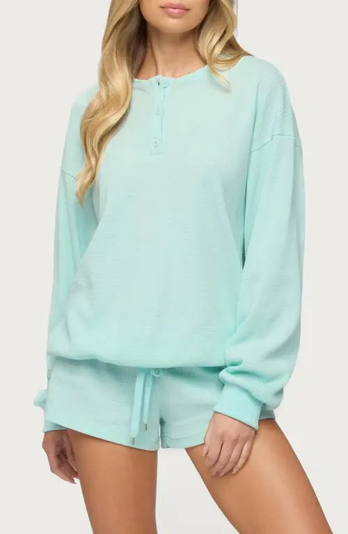 EDIKTED Waffle Knit Henley Top - Aqua