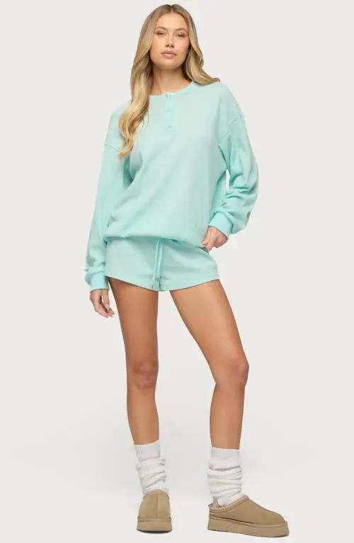 EDIKTED Waffle Knit Henley Top - Aqua