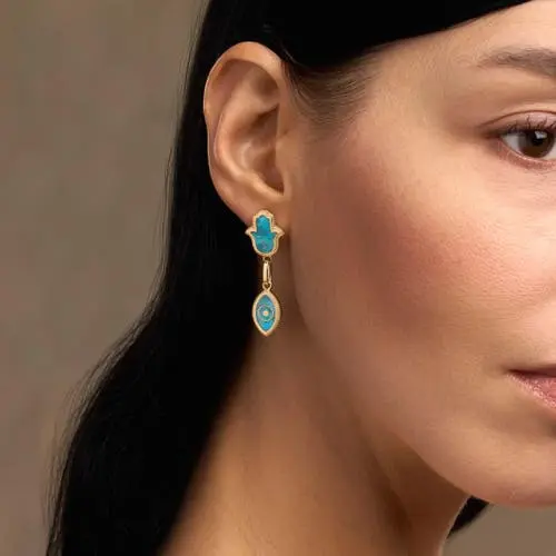 KARMA AND LUCK Evil Eye Hamsa Dangle Earrings