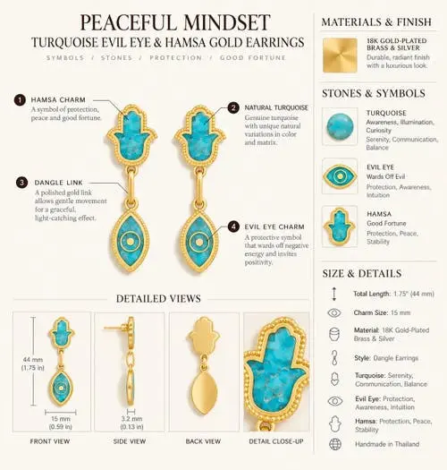 KARMA AND LUCK Evil Eye Hamsa Dangle Earrings - Turquoise/gold